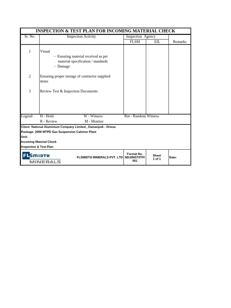 Itp For Incoming Material Check | PDF