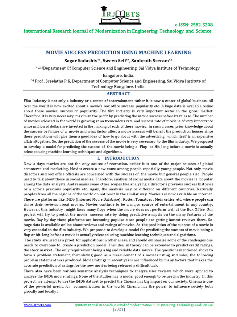 fin_irjmets1628263487 | PDF | Prediction | Machine Learning