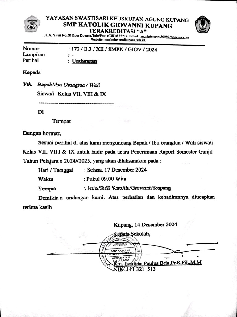 Undangan Penerimaan Raport | PDF