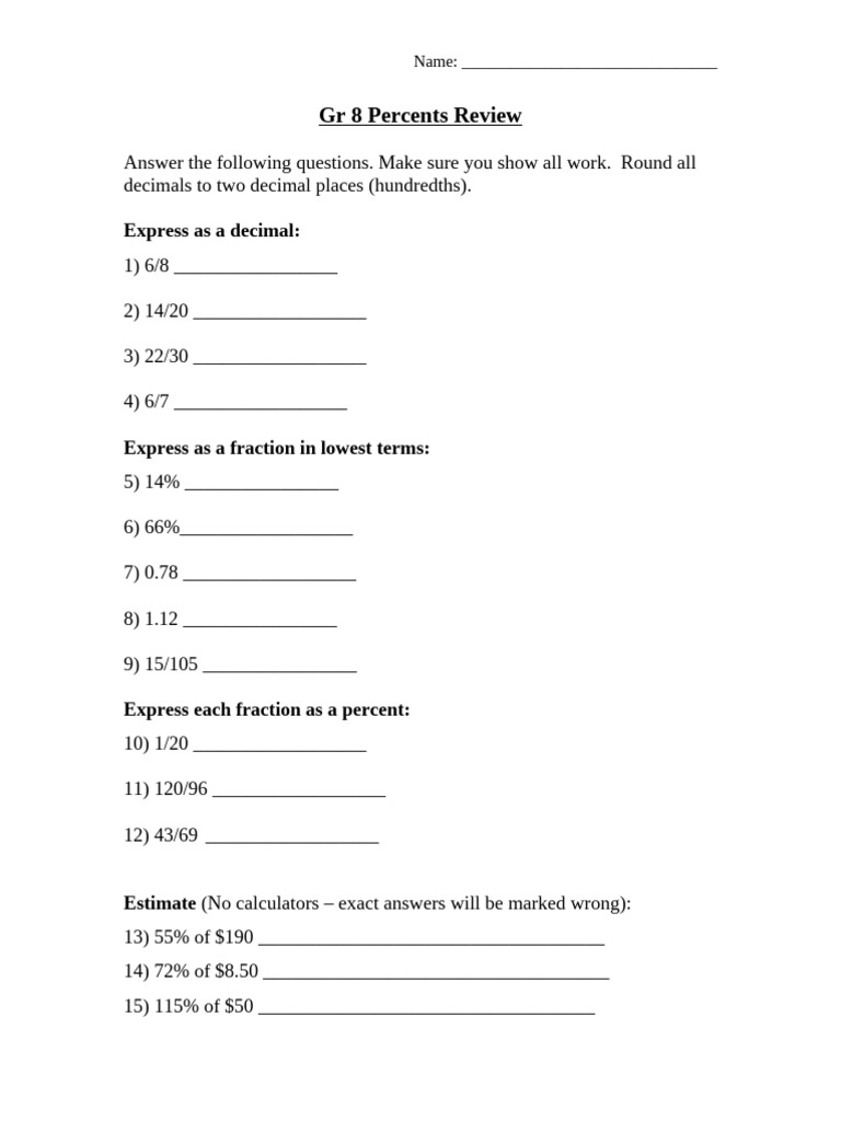 GR 8 Percents Review | PDF