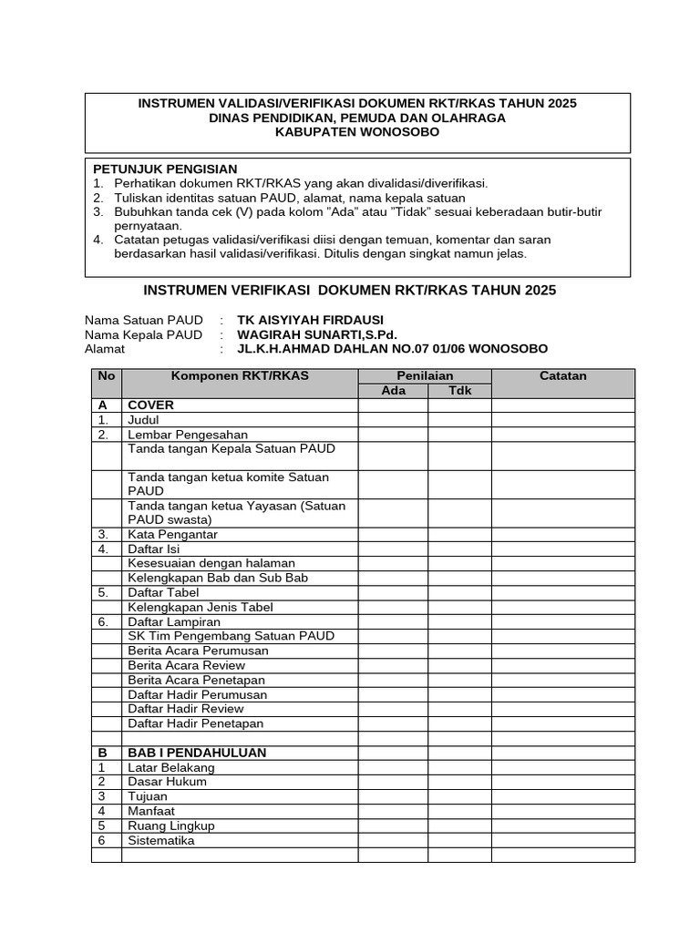 7.1. Instrumen Verifikasi RKT - RKAS - 2025 Edit | PDF