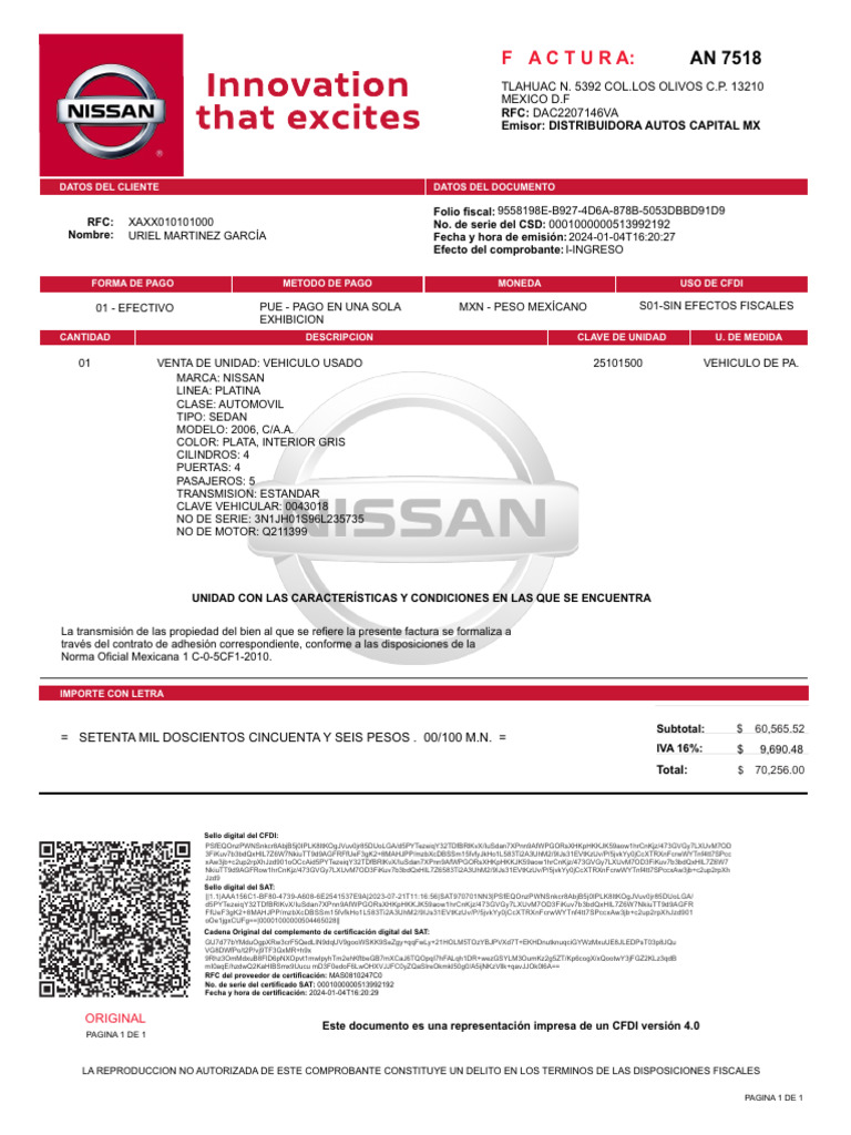 Factura Cfdi Nissan Platina 2006 PDF | PDF | Vehículos terrestres | Industria automotriz