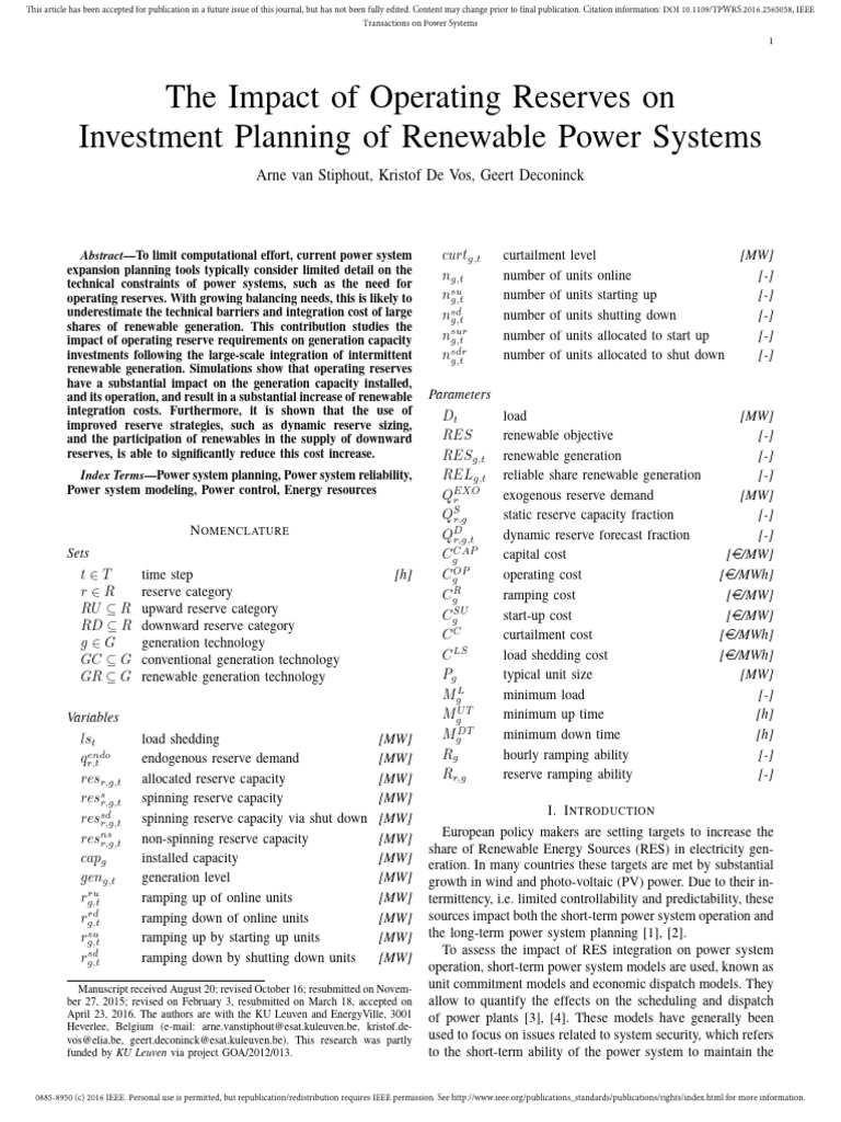 The Impact of Operating Reserves On Investment Planning of Renewable ...