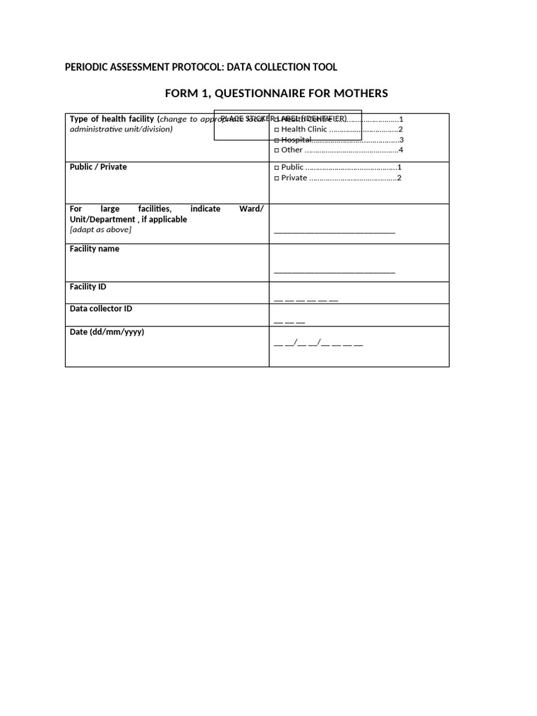 Netcode Toolkit Periodic Assessment Form1 Questionnaire For Mothers ...