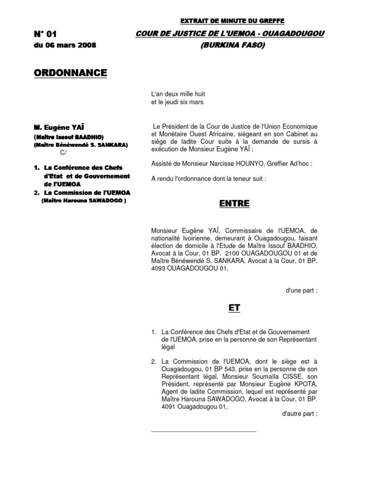 Ordonnance UEMOA : Sursis à exécution | PDF | Cour de justice ...
