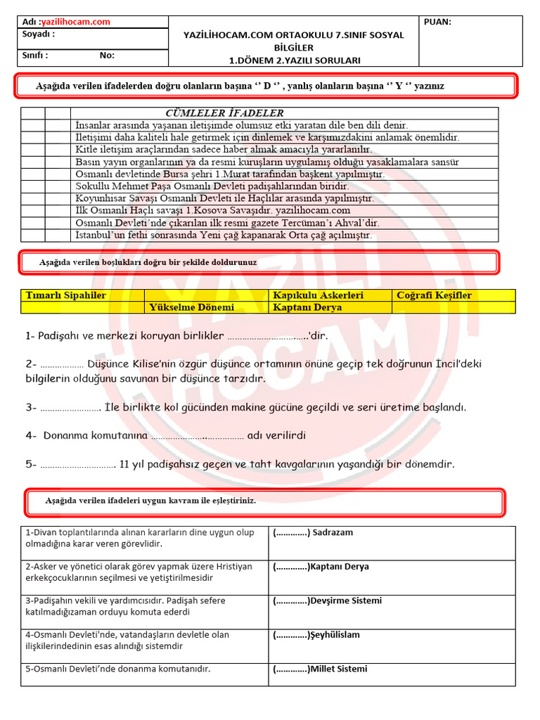 7.sinif Sosyal Bi̇lgi̇ler 1.dönem 2.yazili Sorulari - 3 | PDF