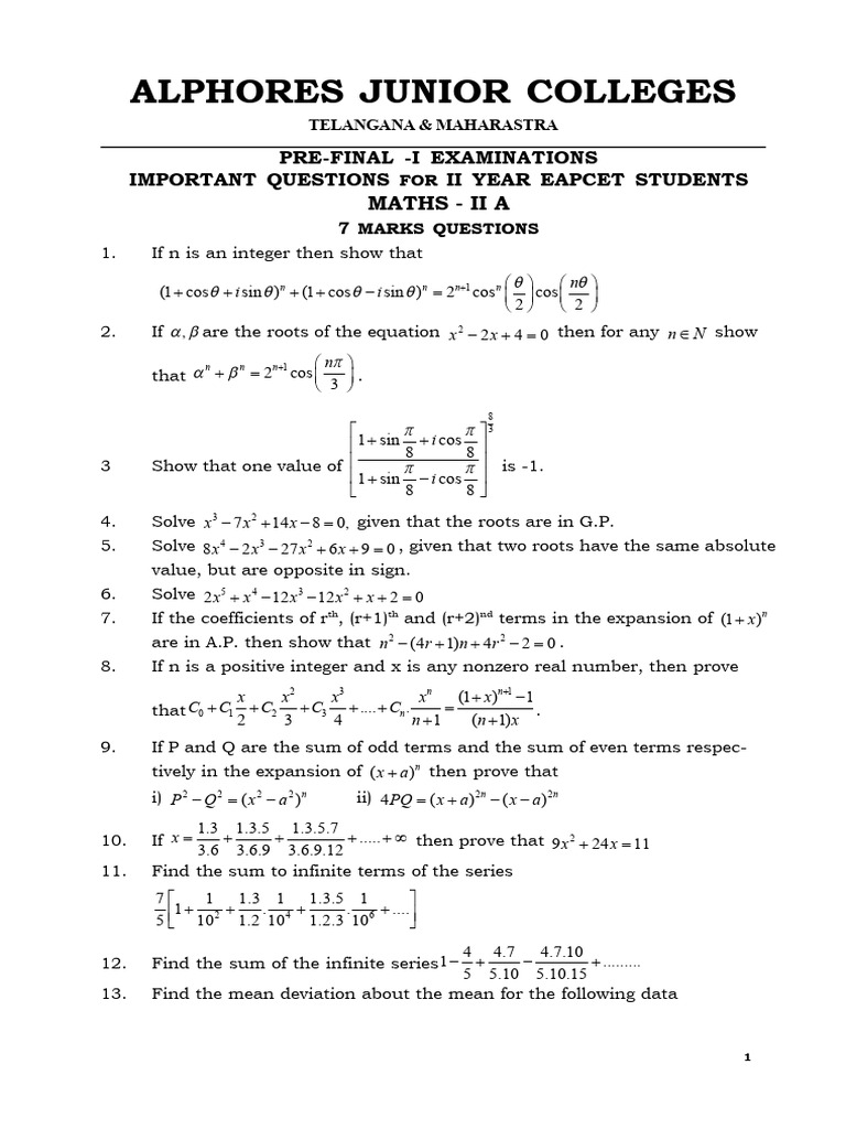 EAPCET II Year Maths Important Questions | PDF | Ellipse
