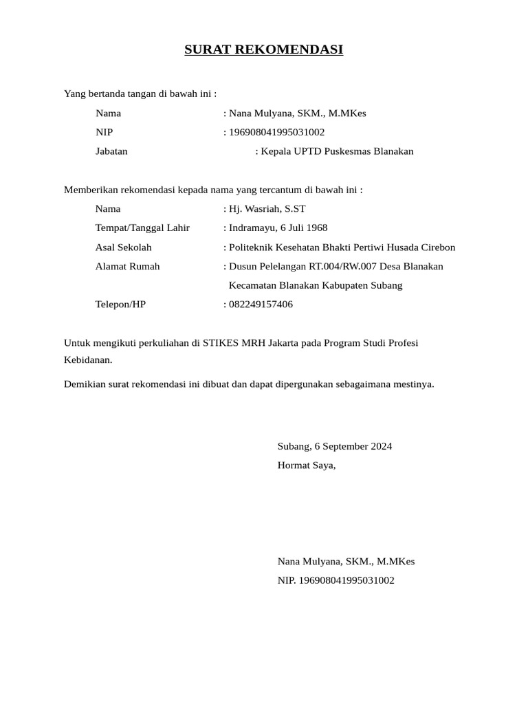 Surat Rekomendasi Atasan Tanpa Cap | PDF