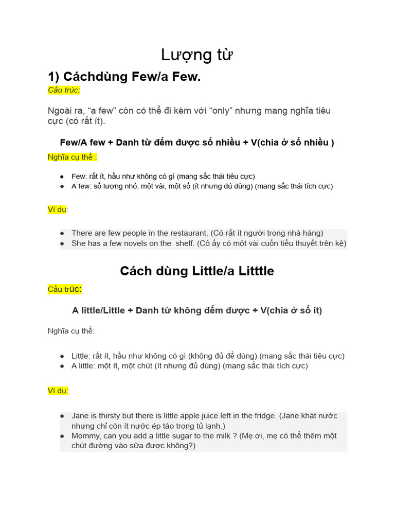 Lư NG T : 1) Cáchdùng Few/a Few | PDF