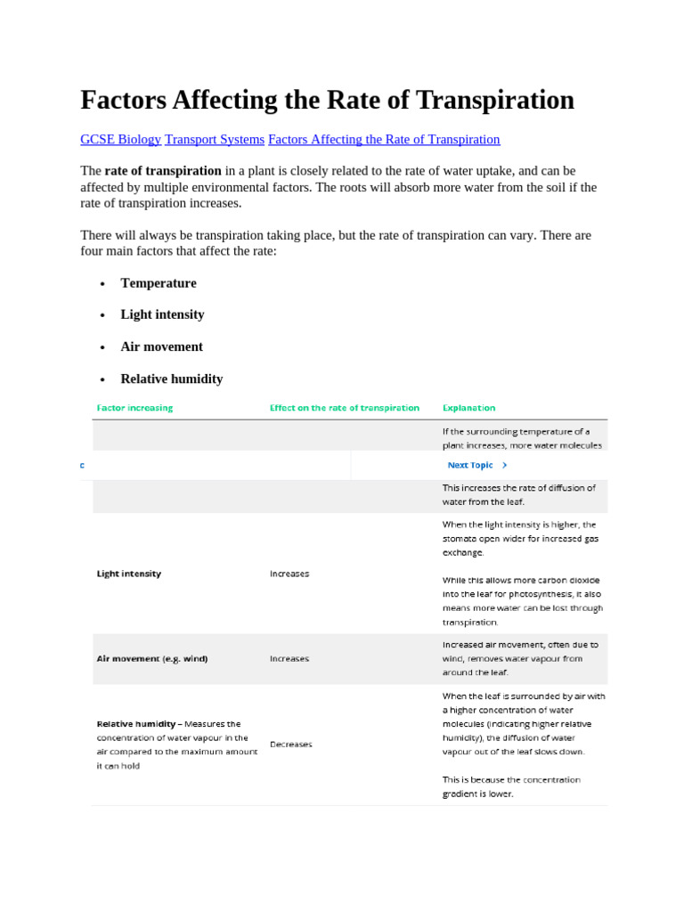 Factors Affecting The Rate of Transpiration | PDF