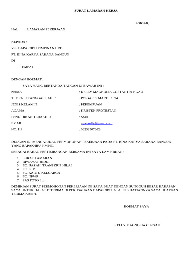 Surat Lamaran Kelly (PT BINA KARYA SARANA BANGUN) | PDF