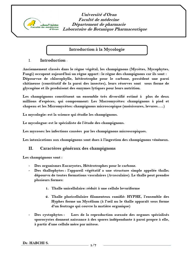 Cours 2 _ Intro a La Mycologie | PDF | Champignons | Spore