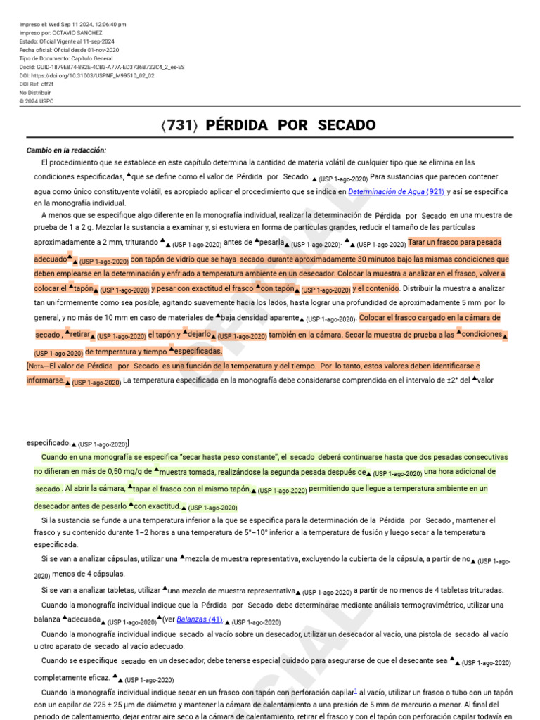 USP-NF 731 Pérdida Por Secado | PDF
