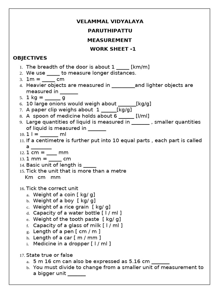 Measurement - Class 5 Work Sheet - 1 | PDF | Length | Measurement