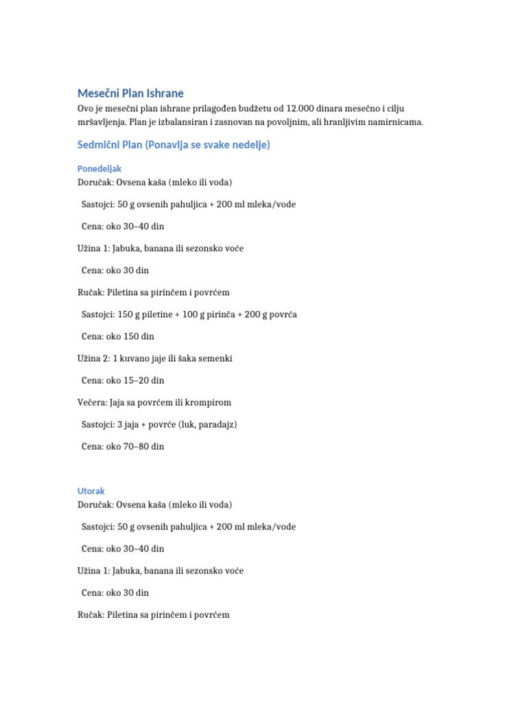 Mesečni Plan Ishrane za Mršavljenje | PDF