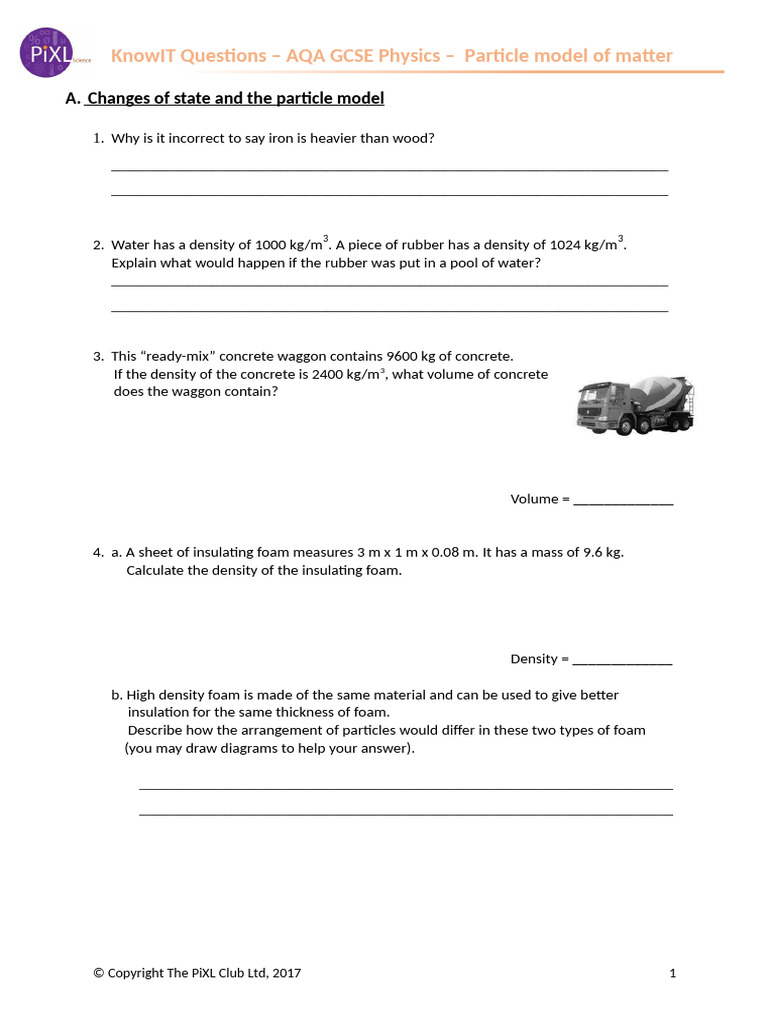 AQA Physics - Particle Model of Matter - KnowIT Questions - GCSE | PDF ...