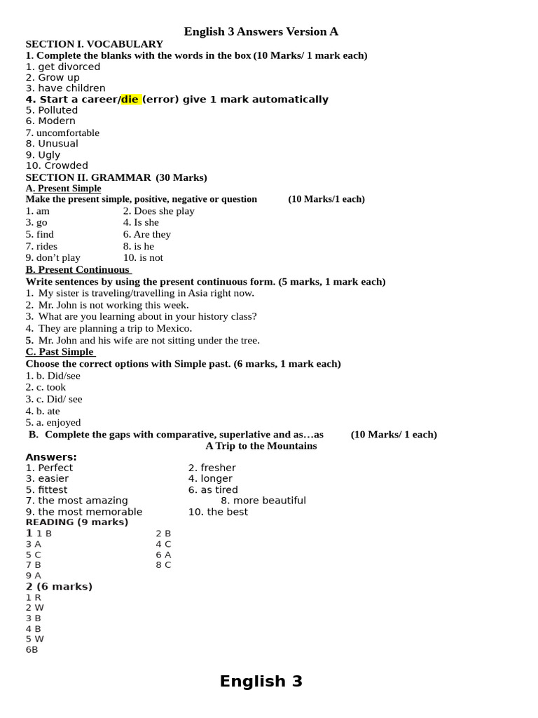 English 3 Answers: Vocabulary & Grammar | PDF | Linguistics | Grammar