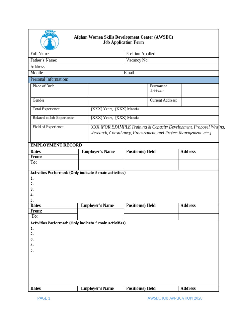 Afghan Women Job Application Form | PDF