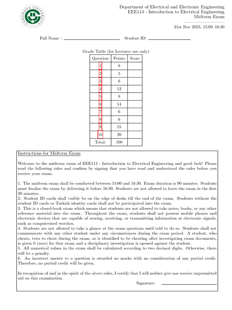 EEE113 Midterm Exam 2023 Questions | PDF | Electricity | Electronics