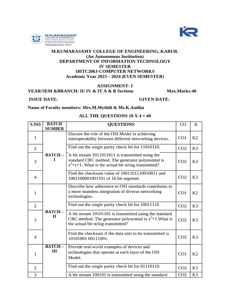 Computer Networks Assignment IV Semester | PDF | Osi Model | Computer ...