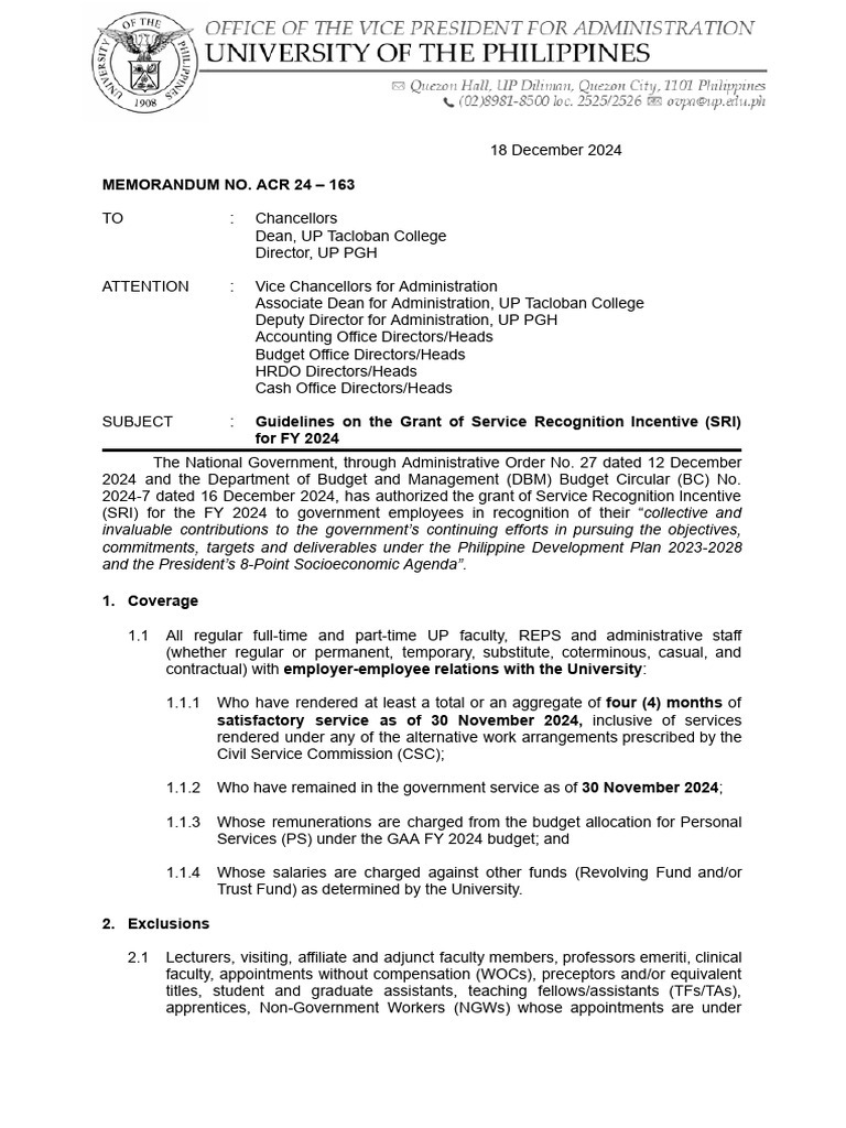 Memorandum No. ACR 24 163 Guidelines On The Grant of Service ...