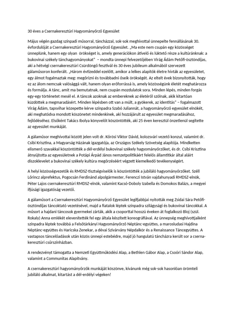 30 Eves A Csernakereszturi Hagyományorzo Egyesulet | PDF
