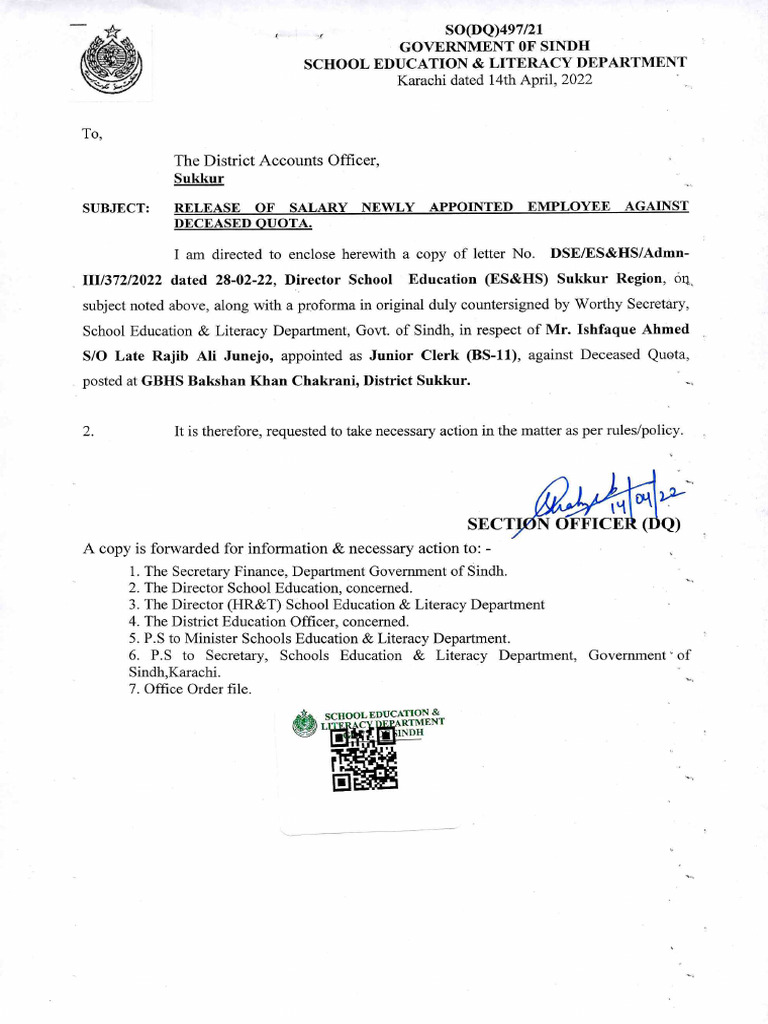 Letter For Release Salary Against Deceased Quota in Respect of MR ...