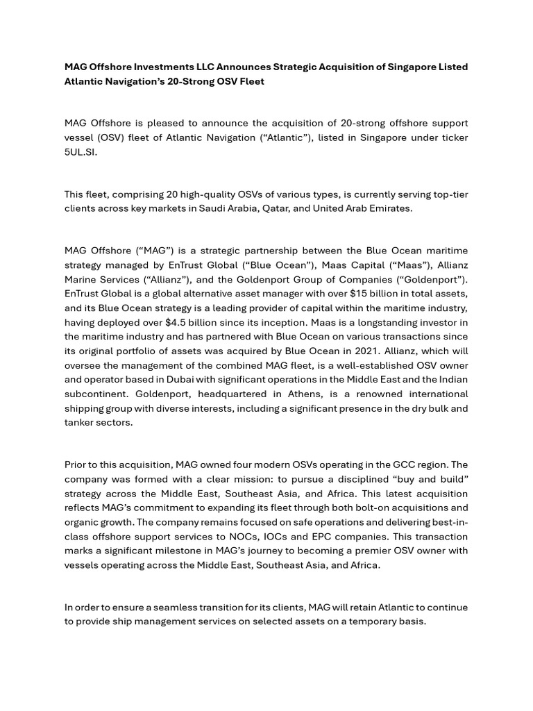 MAG Offshore Acquisition of Atlantic Navigation 20 OSV's | PDF | Gulf ...