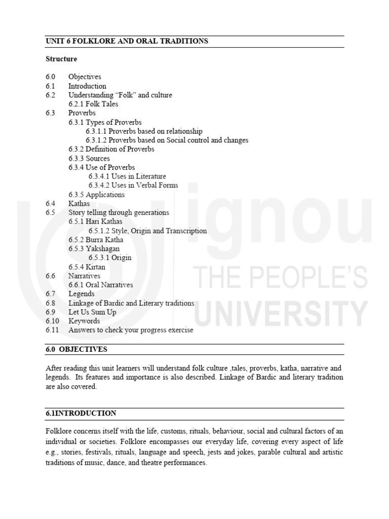 FOLKLORE AND ORAL TRADITIONS Unit-6 | PDF | Legends | Folklore