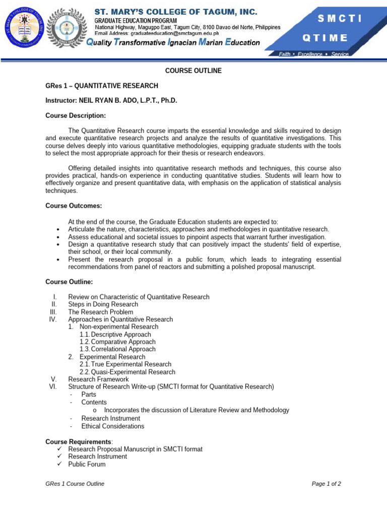 COURSE OUTLINE for GRes 1 - Quantitative Research | PDF | Quantitative ...