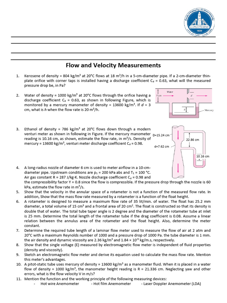 Sheet (8) Flow and Veocity Measurements-MCT241 (1) | PDF | Fluid Dynamics | Flow Measurement