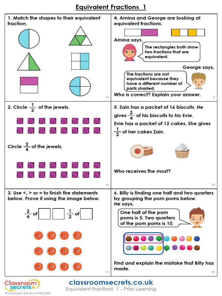 Year 3 Equivalent Fractions 1 Maths Recovery Prior Learning Activity Pdf Mathematics