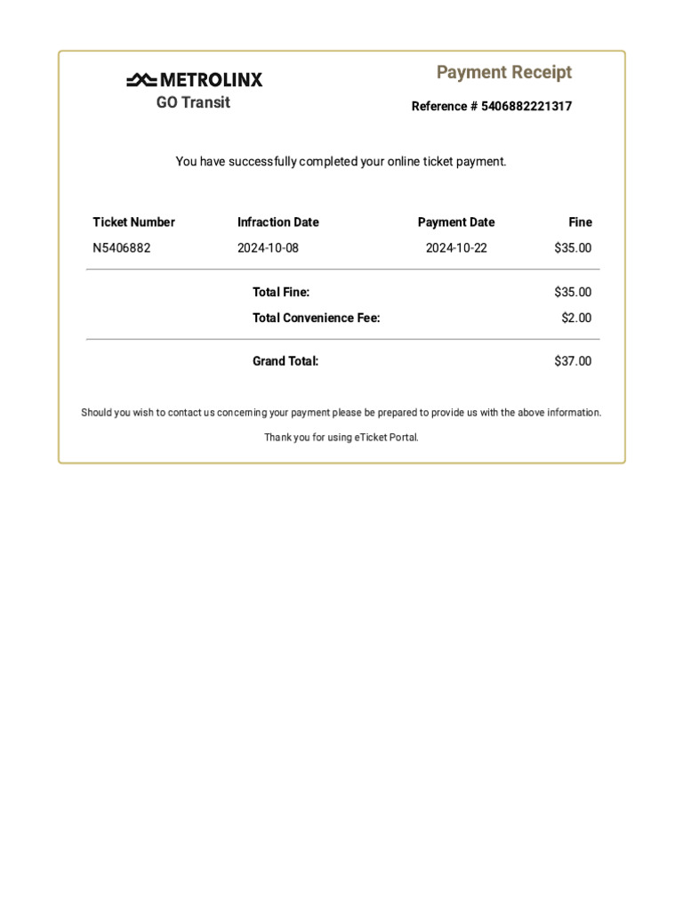GO Transit eTicket Payment Receipt | PDF