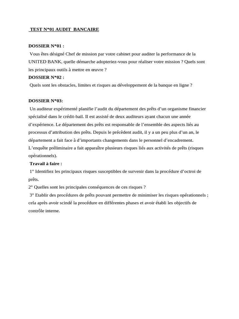 EXAMEN AUDIT BANCAIRE 1 | PDF