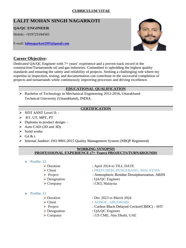 Lalit Mohan QAQC CV 2024 | PDF | Welding | Construction