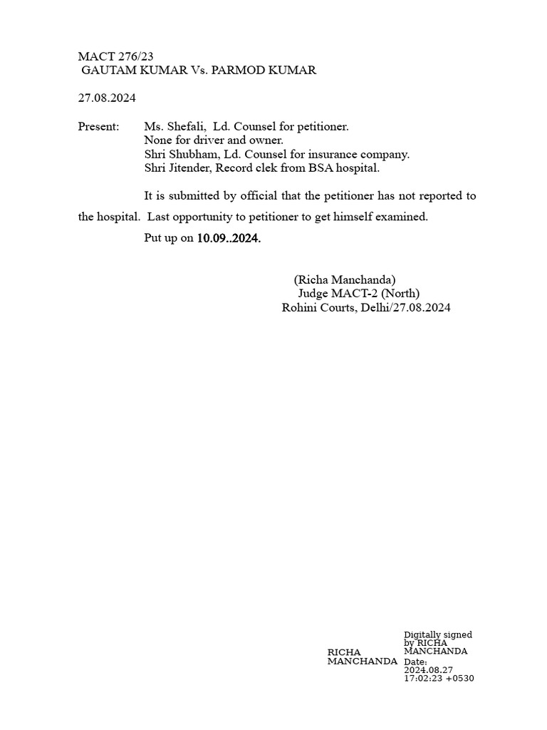 Mact - M.a.C.T. 276 - 2023 (Copy of Judicial Proceedings) (27!08!2024) | PDF