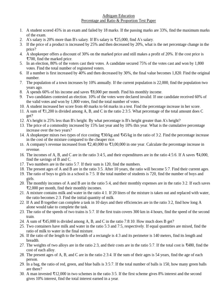 Percentage and Ration 30 Questions | PDF