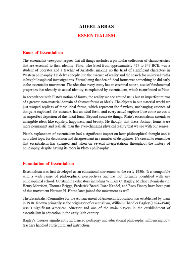 Essentialism: Roots, Education, Impact | PDF | Essentialism ...