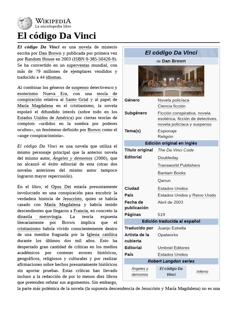 El Código Da Vinci: Novela de Dan Brown | PDF