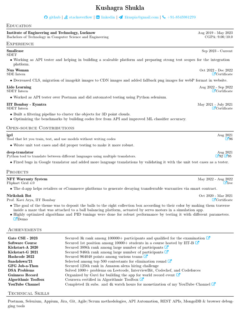 Kushagra Shukla: SDET & Tech Achievements | PDF | Software Development | Computer Science