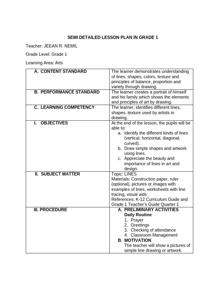 SEMI DETAILED LESSON PLAN IN GRADE 1 | PDF | Lesson Plan | Behavior ...