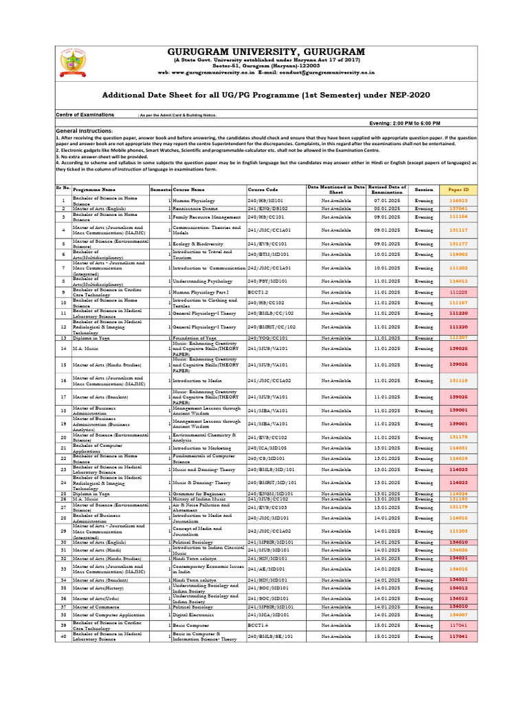 Additional Date Sheet For All UG PG Programme (1st Semester) Under NEP ...