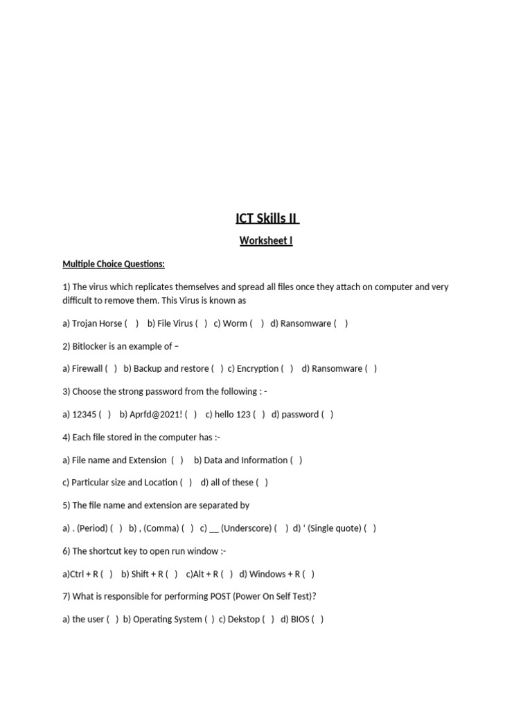 Grade 1 ICT Skills Worksheet | PDF | Computer Virus | Computer File