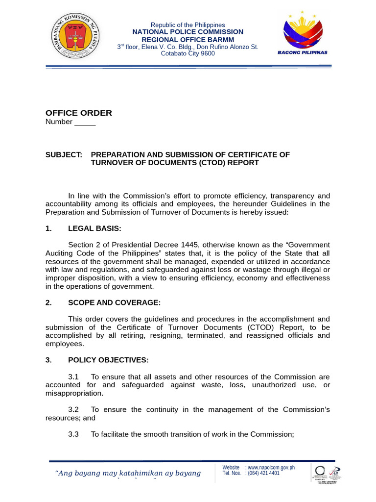 Preparation and Submission of Certificate of Turnover of Documents CTOD ...