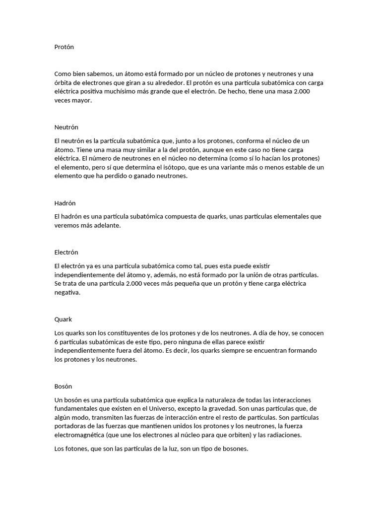 Partículas Subatómicas: Tipos y Características | PDF | Neutrón | Protón