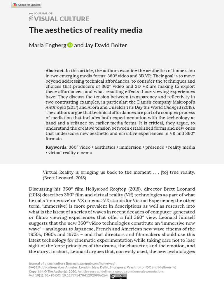 Engberg and Bolter The Asthetics of Reality Media | PDF | Virtual Reality | Perception