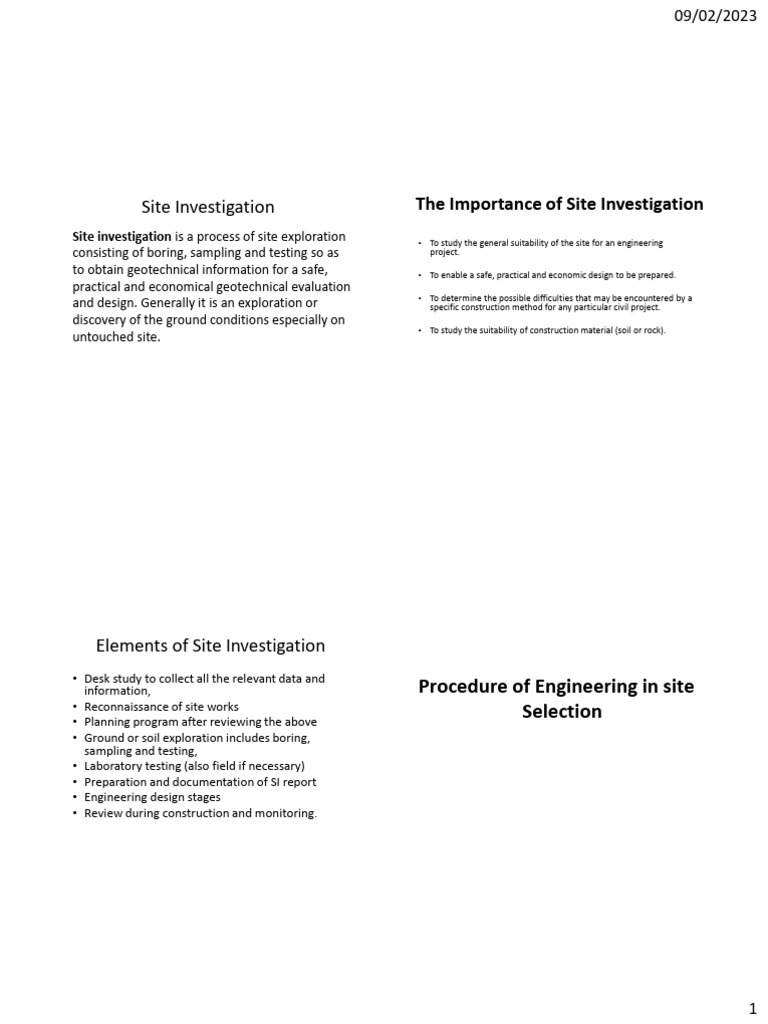 Lecture 1 - Site Investigation | PDF | Dam | Drilling