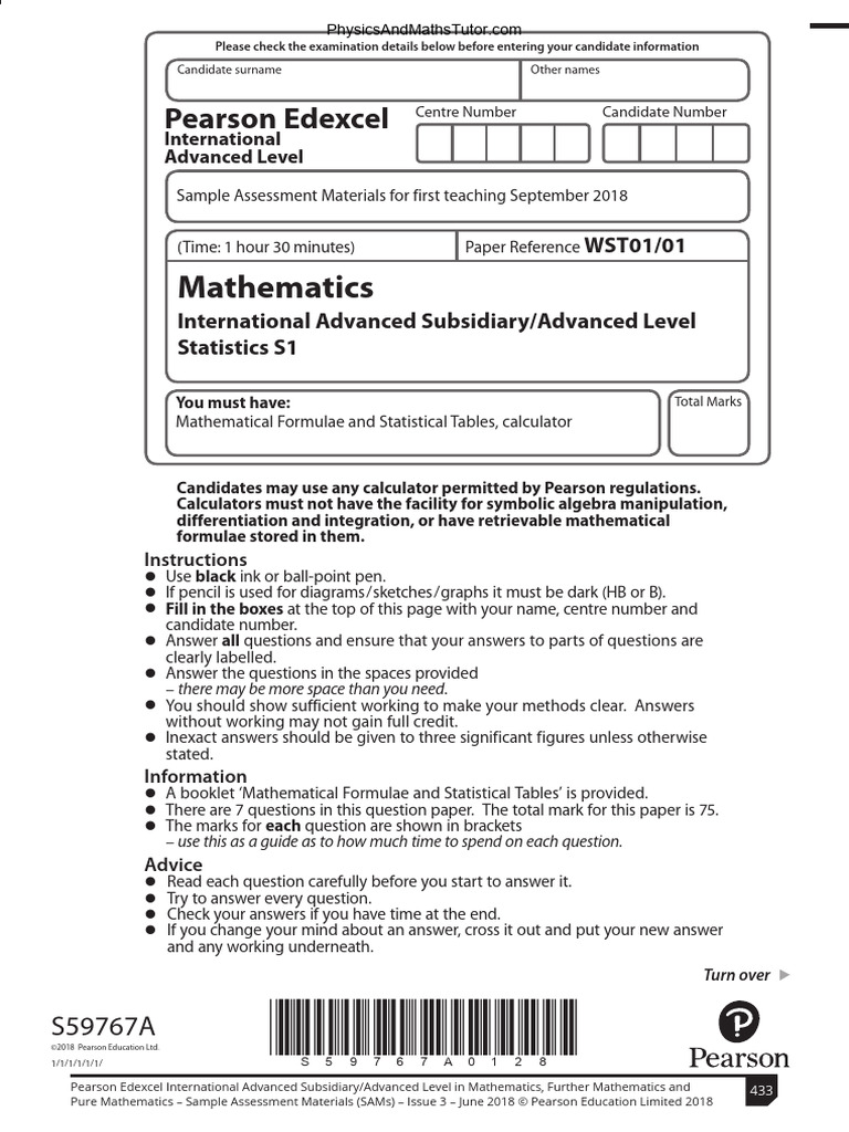 Specimen 2018 (IAL) MA - S1 Edexcel | PDF | Mathematics