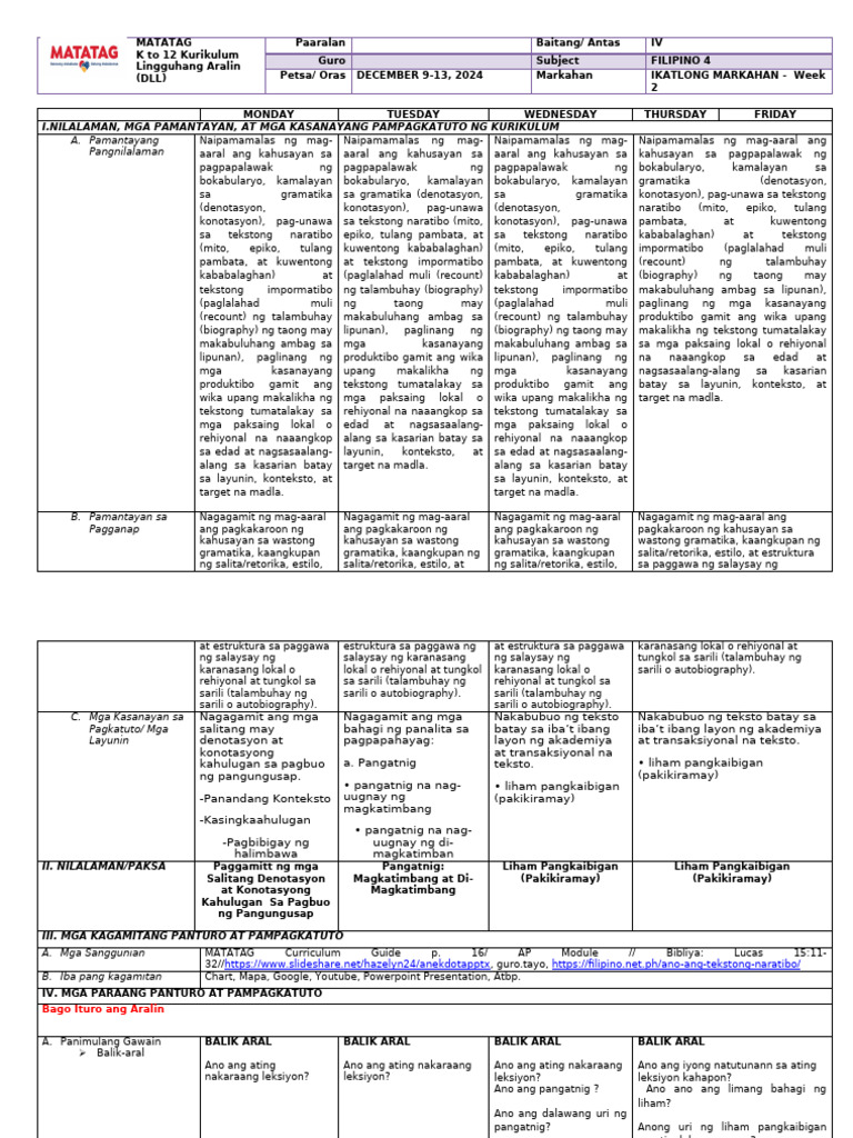Matatag DLL Week 2 Filipino g4 q3 | PDF