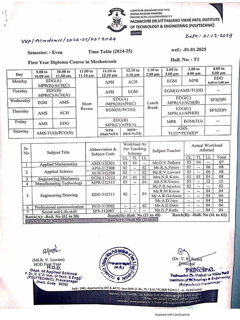 First Year-Second Semester Time Table-2024-25 | PDF